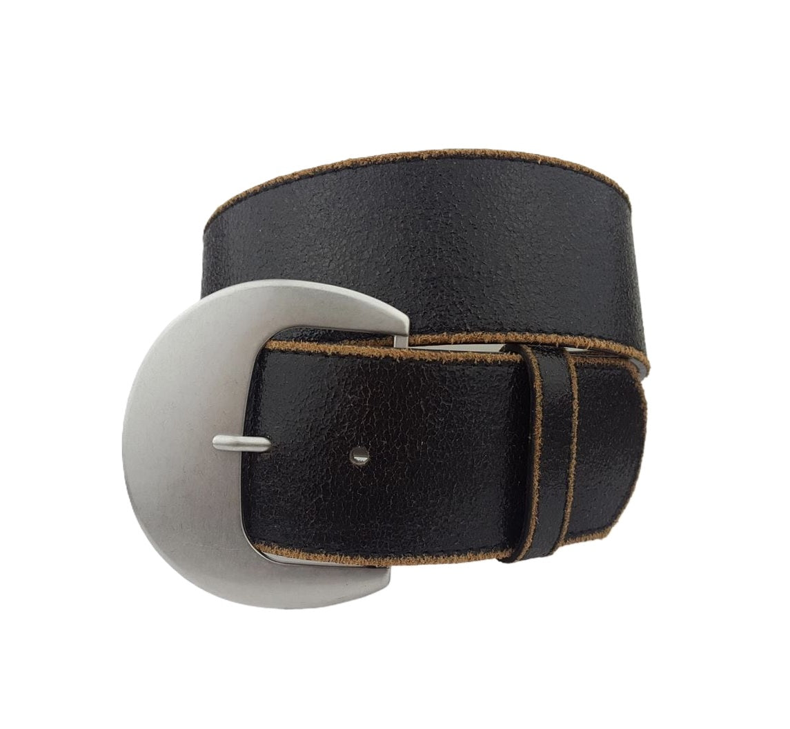 AXESORIA WEST Wide Vintage Leather Belt with Dark Silver Western Buckl ...