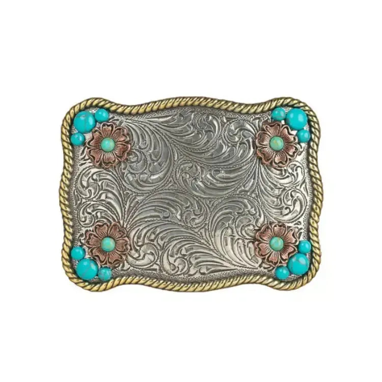 M & F WESTERN Rectangle Buckle With Flower And Turquois Accents ...