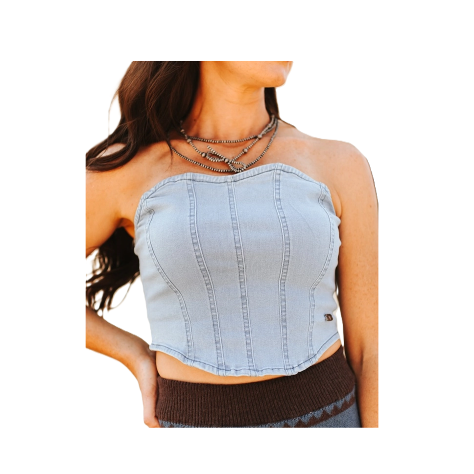 LUCKY & BLESSED Stone Wash Stretch Corset Strapless Top – Alberta Boot